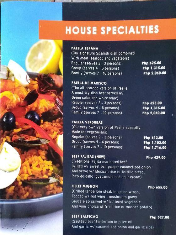 Menu at Bistro del Cielo restaurant, Muntinlupa