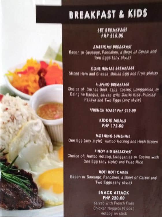 Menu at Bistro del Cielo restaurant, Muntinlupa