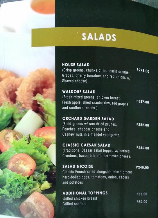 Menu at Bistro del Cielo restaurant, Muntinlupa