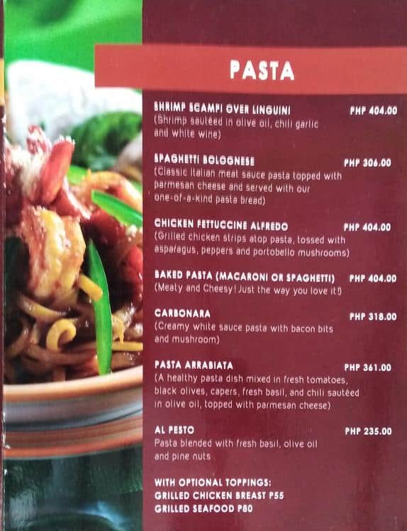 Menu at Bistro del Cielo restaurant, Muntinlupa
