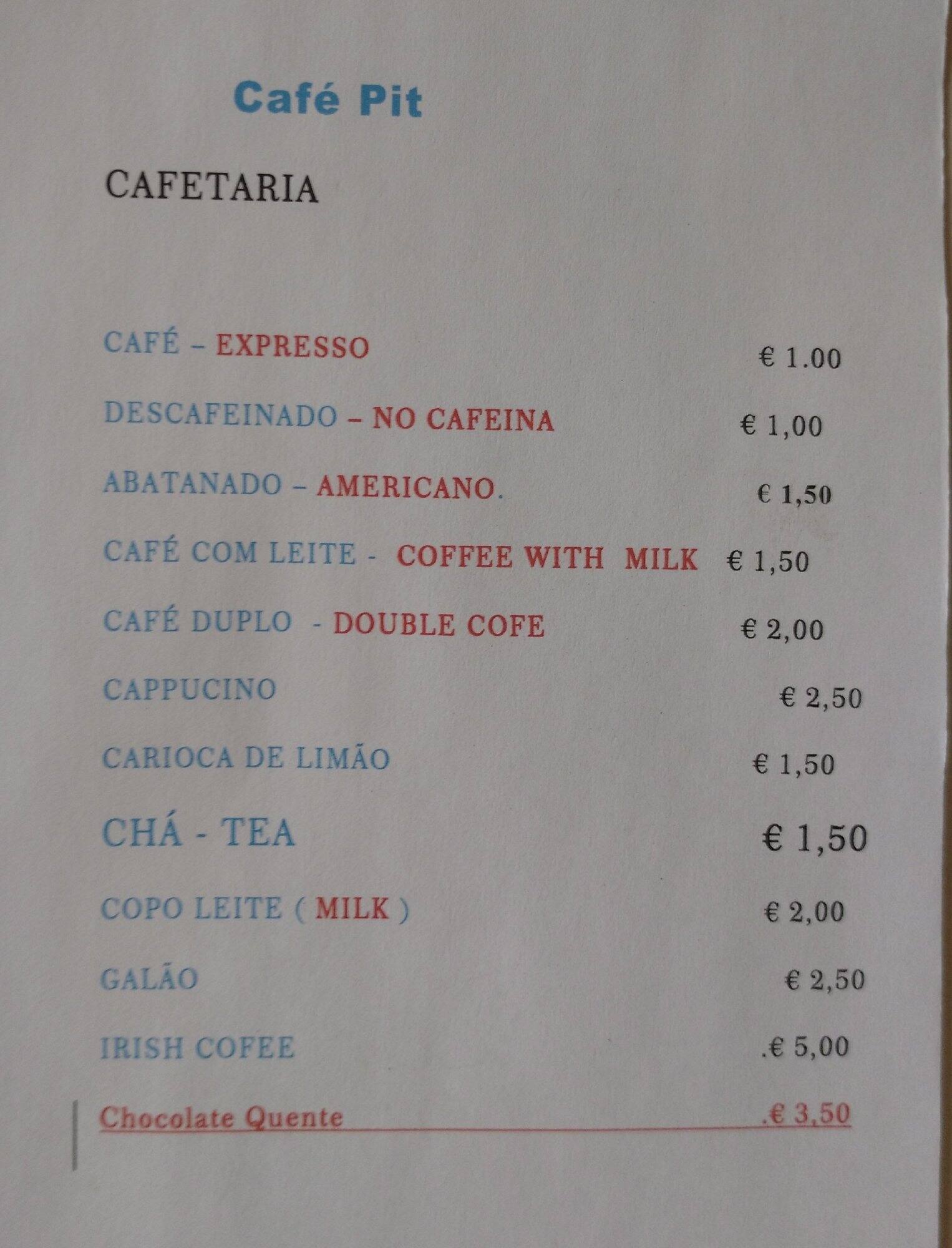 Menu at Café Pit, Lisbon