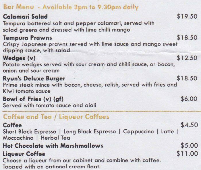 Menu at Pavilions Hotel restaurant, Christchurch