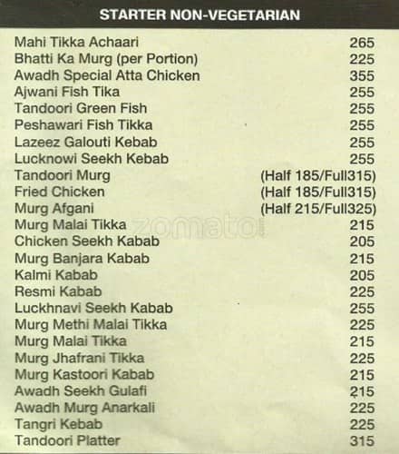 Menu at Awadh-the Royal Kitchen, Panchkula, SCO 411
