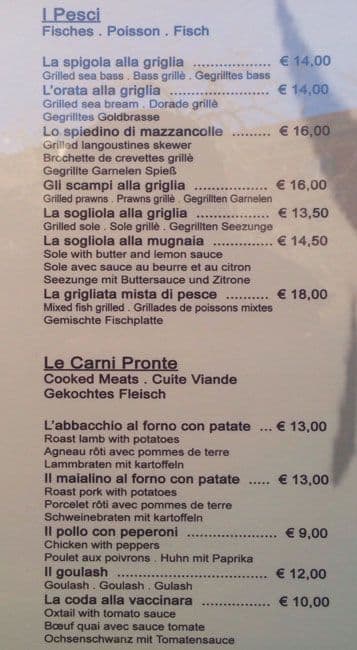 Menu at Il Colibrì restaurant, Rome