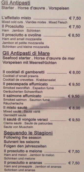 Menu at Il Colibrì restaurant, Rome