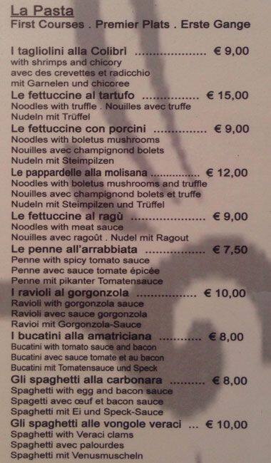 Menu at Il Colibrì restaurant, Rome