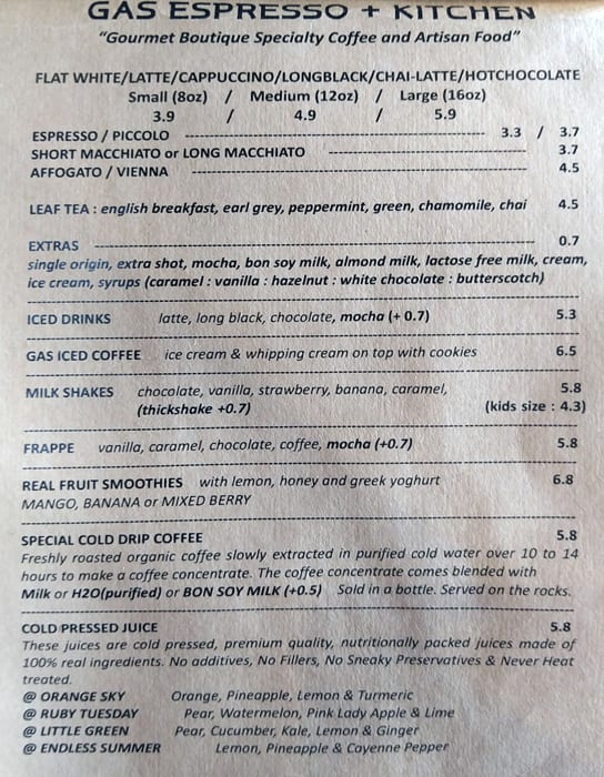Menu at Gas Espresso cafe, Sherwood
