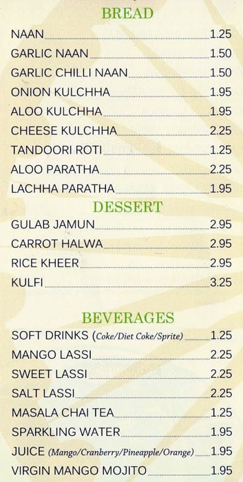 Menu at Great Indian Cuisine restaurant, Santa Clara