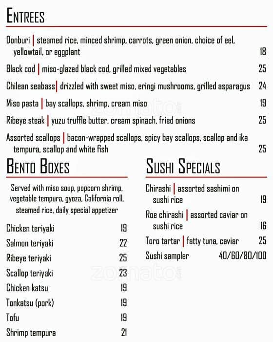 Menu at Tadashi restaurant, Bee Cave