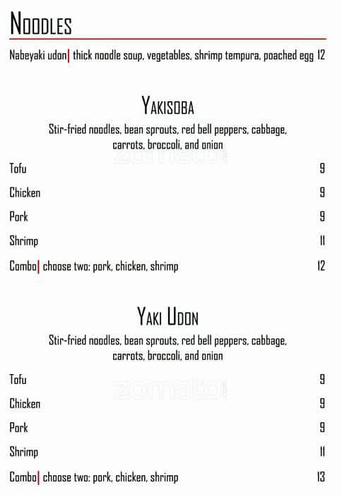 Menu at Tadashi restaurant, Bee Cave