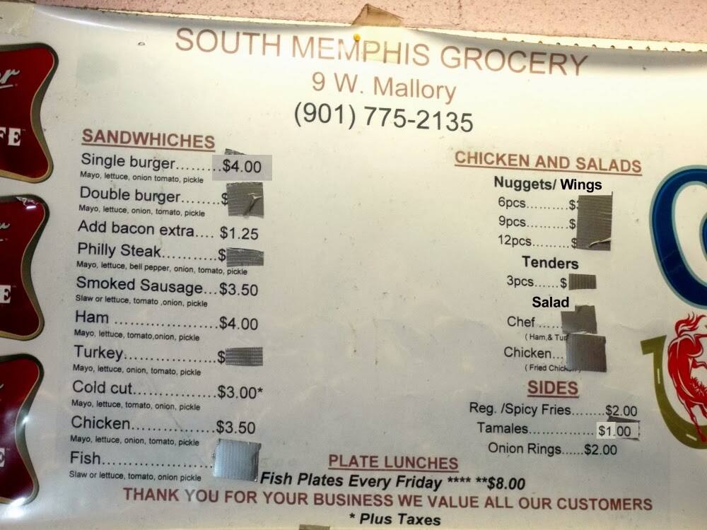 Menu at South Memphis Grocery, Memphis