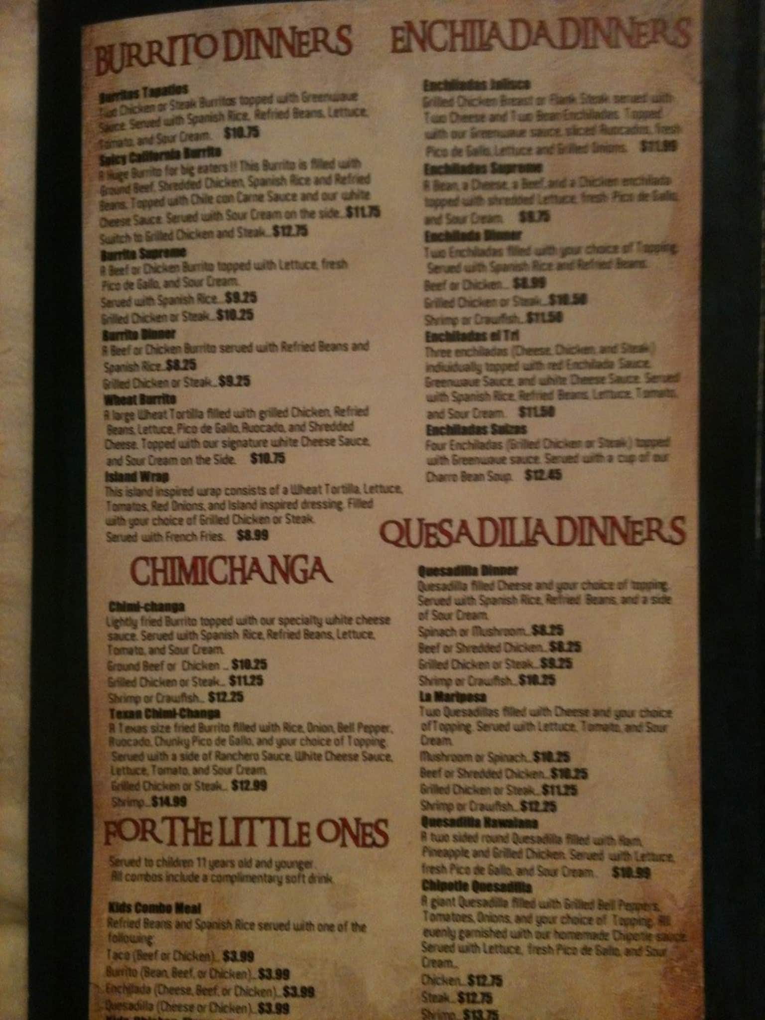 Menu at Don Jose's Grill restaurant, Kenner