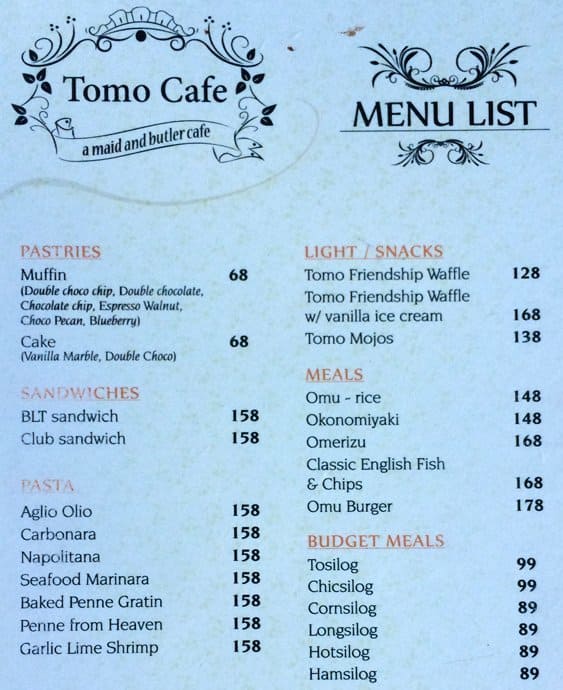 Menu at Tomo Cafe, Cebu City, 9W47+VXM