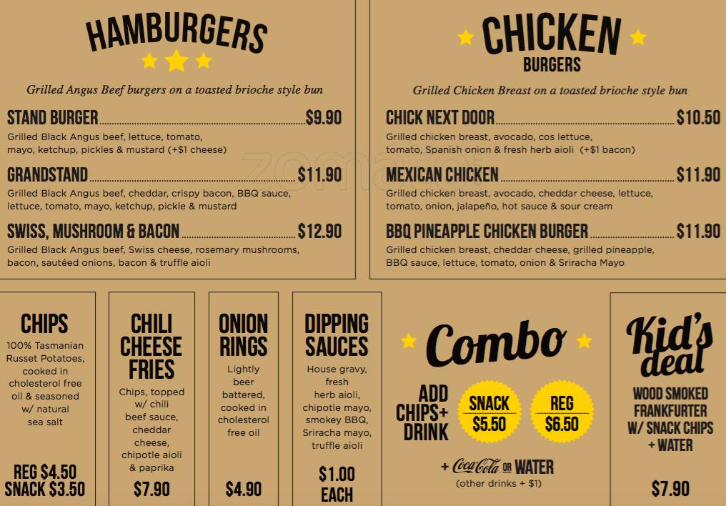 Menu at Snag Stand restaurant, Broadbeach Waters