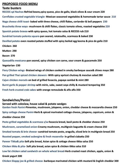 Menu of Recess, Bandra East, Mumbai