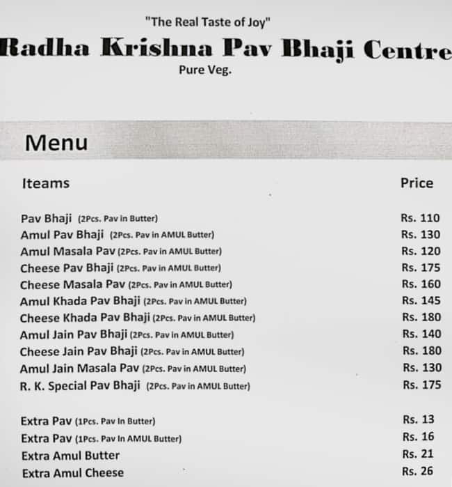 Menu at Radha Krishna Pav Bhaji Centre, Mumbai