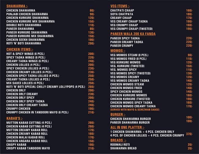 Menu at ROTI n BOTI, New Delhi