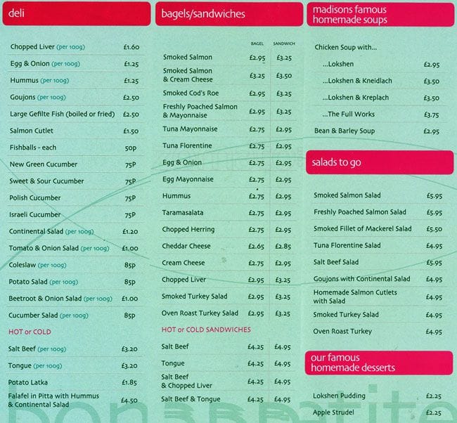 Menu at Noshers Of Radlett cafe, Radlett, 351 Watling St