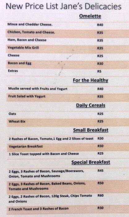Menu at Jane's Delicacies cafe, Johannesburg