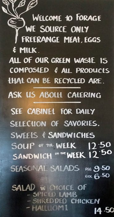 Menu at Forage cafe, Auckland