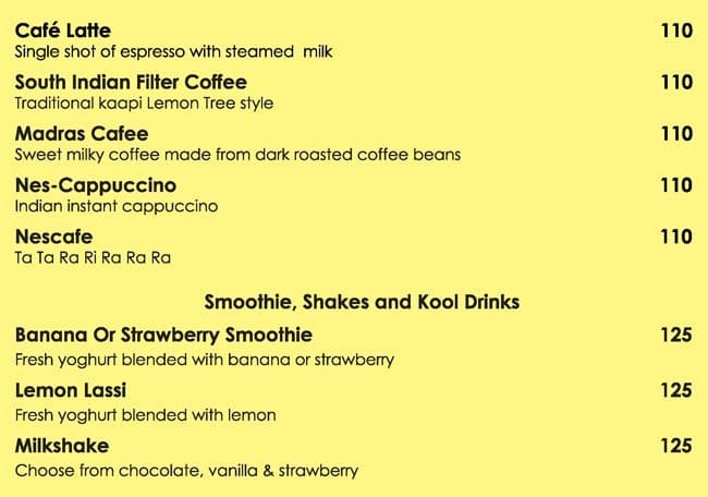 Menu at Tea Lounge, Hyderabad, PHASE-2