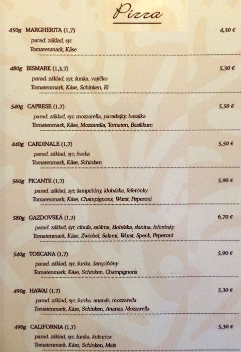 Menu at Pizzeria Mala, Bratislava