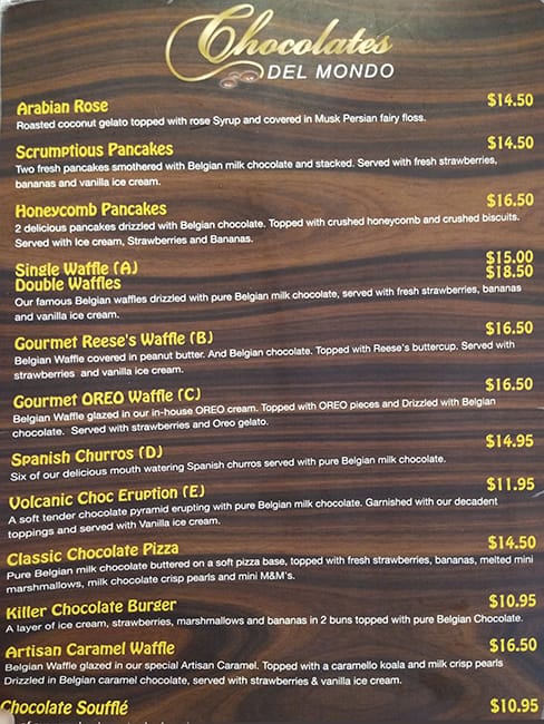 Menu at Chocolates Del Mondo Burwood cafe, Burwood