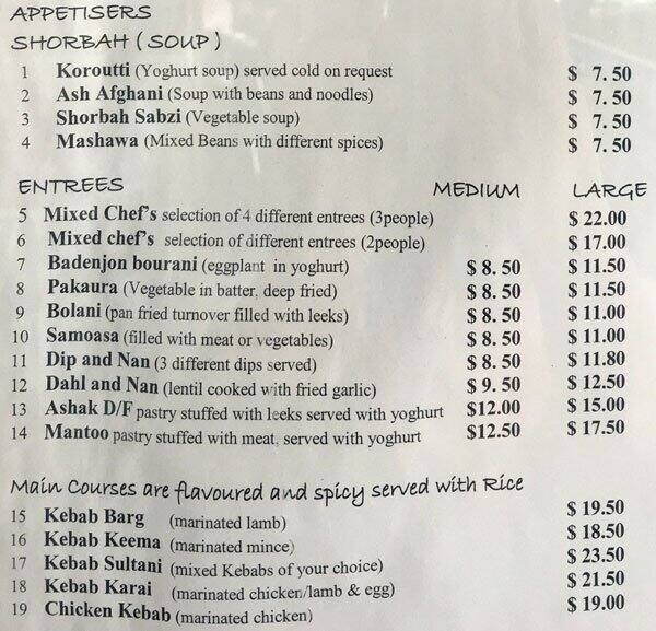 Afghan Gallery Menu, Menu untuk Afghan Gallery, Fitzroy, Melbourne ...