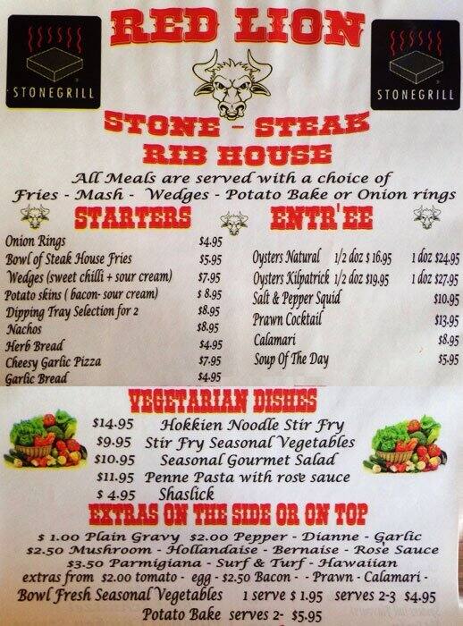 Menu at Red Lion Hotel pub & bar, Elizabeth North