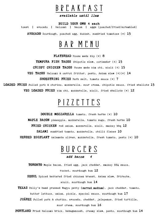 Menu at Hoo Ha Bar, South Brisbane