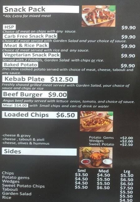 Menu at Kebab O'Clock fast food, Brisbane City, 26 Reddacliff St