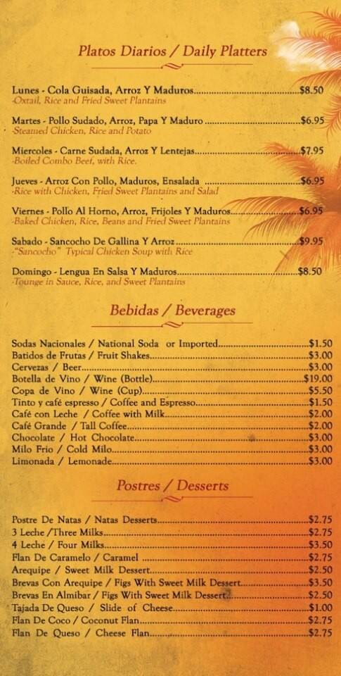 Menu at El Patio Colombian Restaurant, Fort Lauderdale