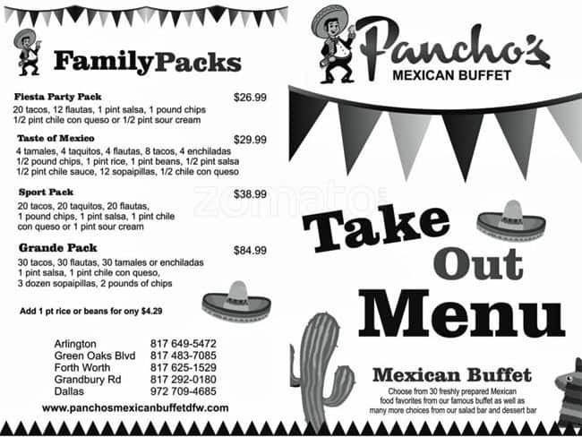 Menu at Pancho's Mexican Buffet restaurant, Mesquite, Gus Thomasson Rd