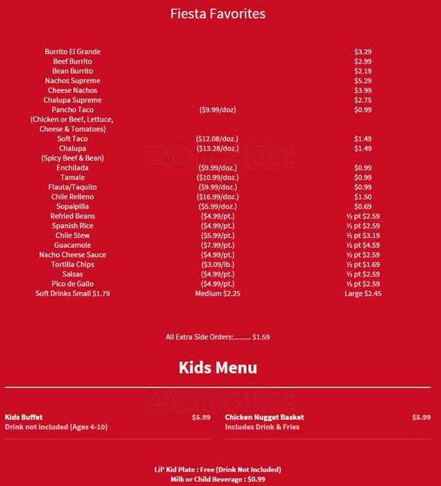 Menu at Pancho's Mexican Buffet restaurant, Denton