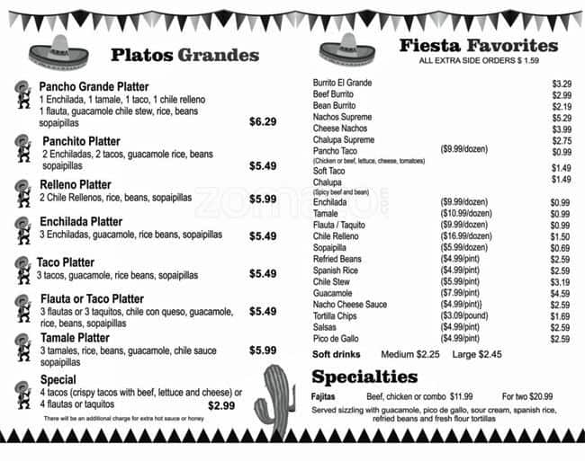 Menu at Pancho's Mexican Buffet restaurant, Mesquite, Gus Thomasson Rd
