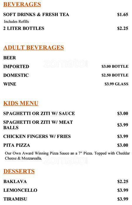 Menu at Athens Pizza & Kabob pizzeria, Matthews