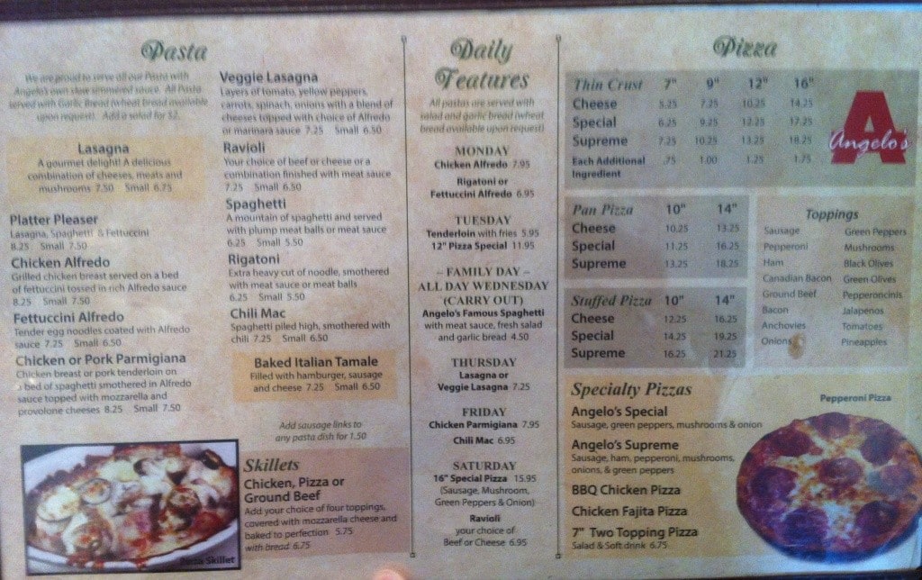 Menu at Angelo's Pizza pizzeria, Mattoon