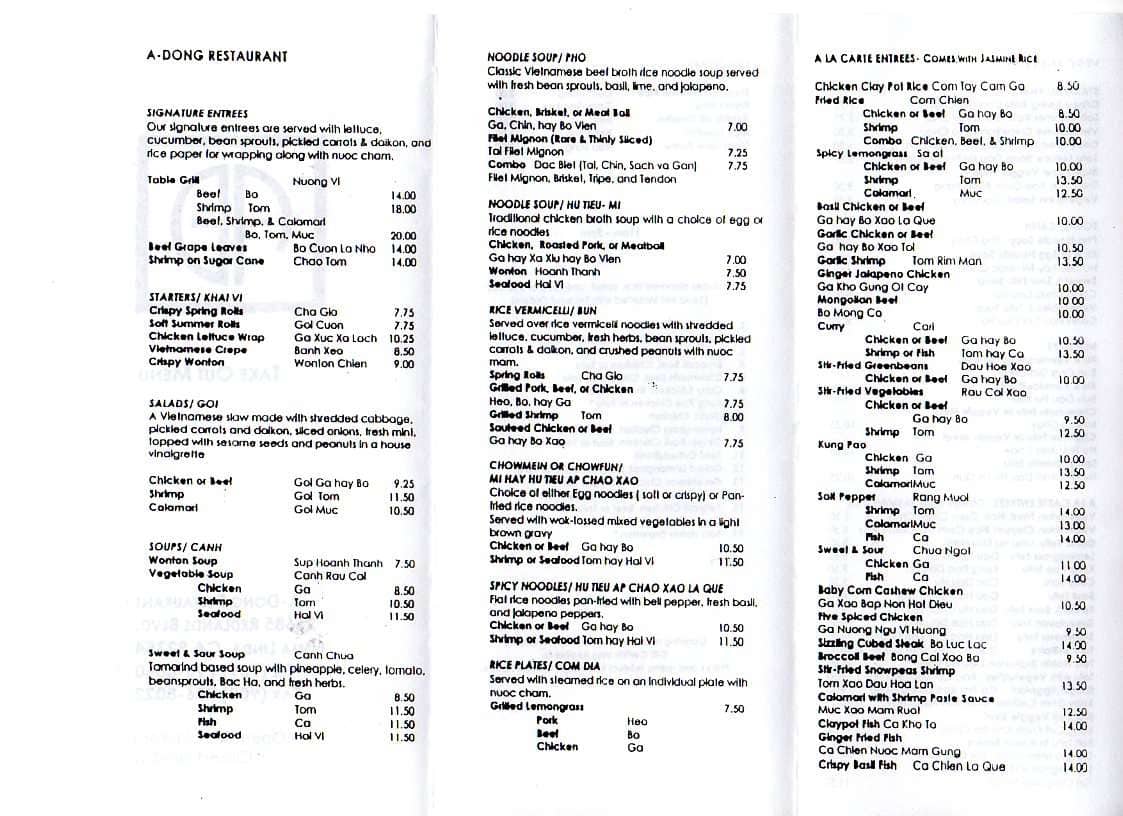 Menu at A Dong Restaurant, Loma Linda