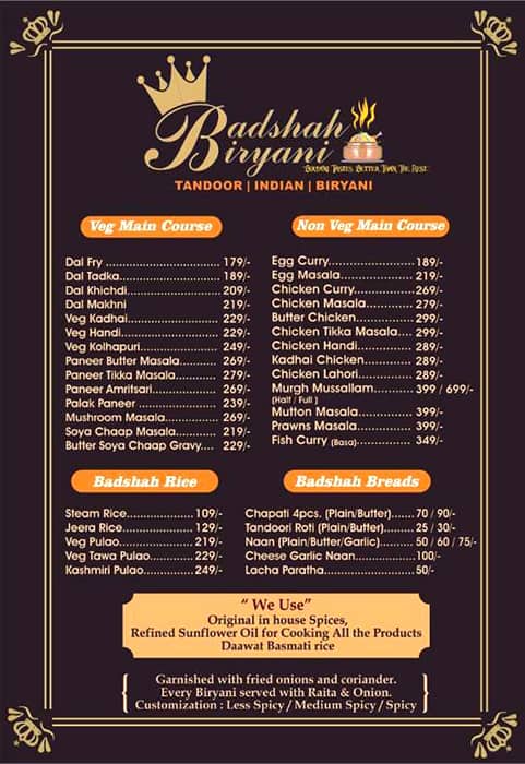 Menu of Badshah Biryani, Andheri Lokhandwala, Andheri West, Mumbai