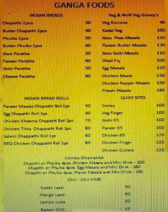 Menu of Ganga Food, St. Thomas Mount, Chennai