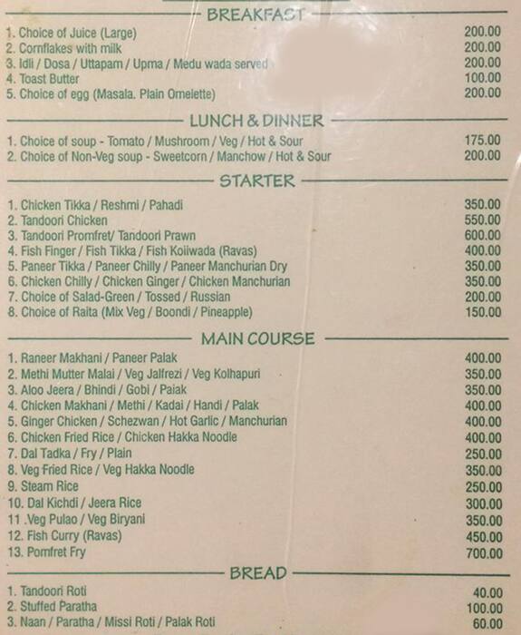Menu of Rangoli Restaurant, Juhu, Mumbai