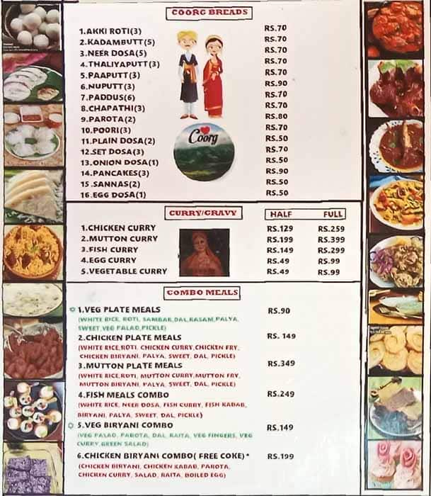 Menu of Coorg Oota Mane, HSR, Bangalore