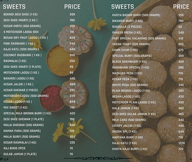 Menu of Shyam Sweets, Sector 5, Gurgaon
