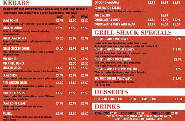 Carta del restaurante Grill Shack, Thornton Heath