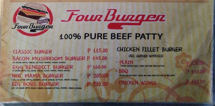 Menu at Four Burgers restaurant, Quezon City, Lot 6