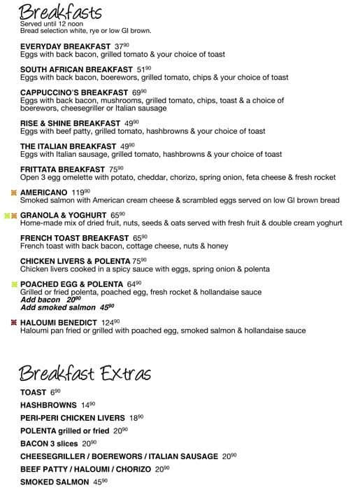 Menu at Cappuccino's CAFE & PIZZERIA, Brakpan