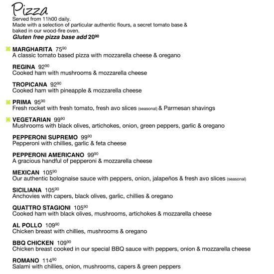 Menu at Cappuccino's restaurant, Johannesburg, Gauteng