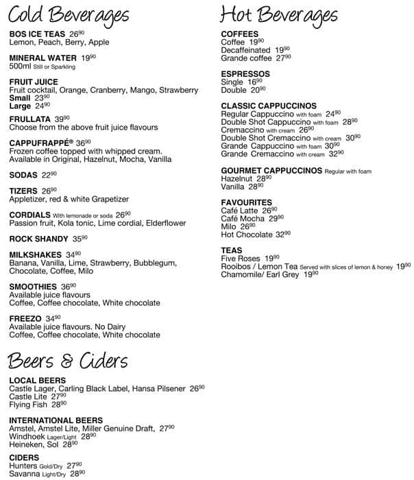 Menu at Cappuccino's restaurant, Johannesburg, Gauteng