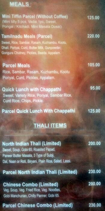 Menu at Apoorva's Sangeetha, Chennai, 82 Nungambakkam High Road