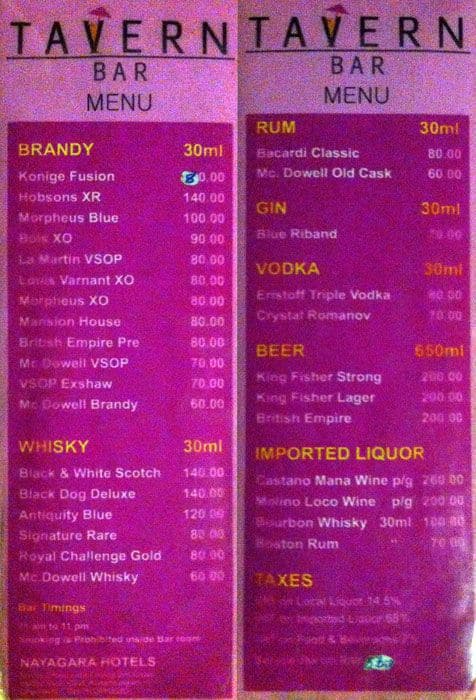 Menu at Tavern Bar, Chennai
